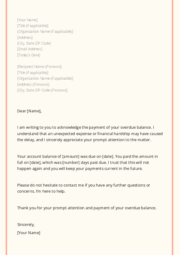 Free Word Template Acknowledge Payment Of Overdue Balance Letter Template