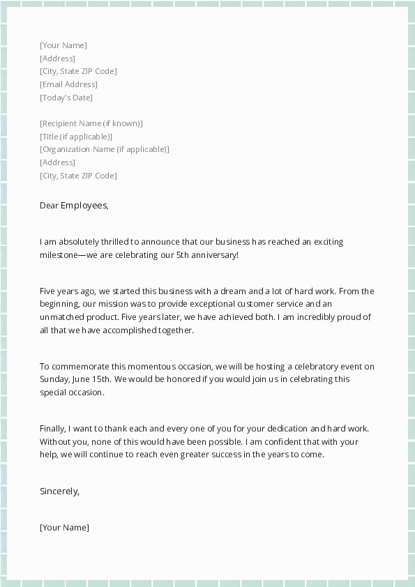 Free Word Template Announce A Business Anniversary Letter Template