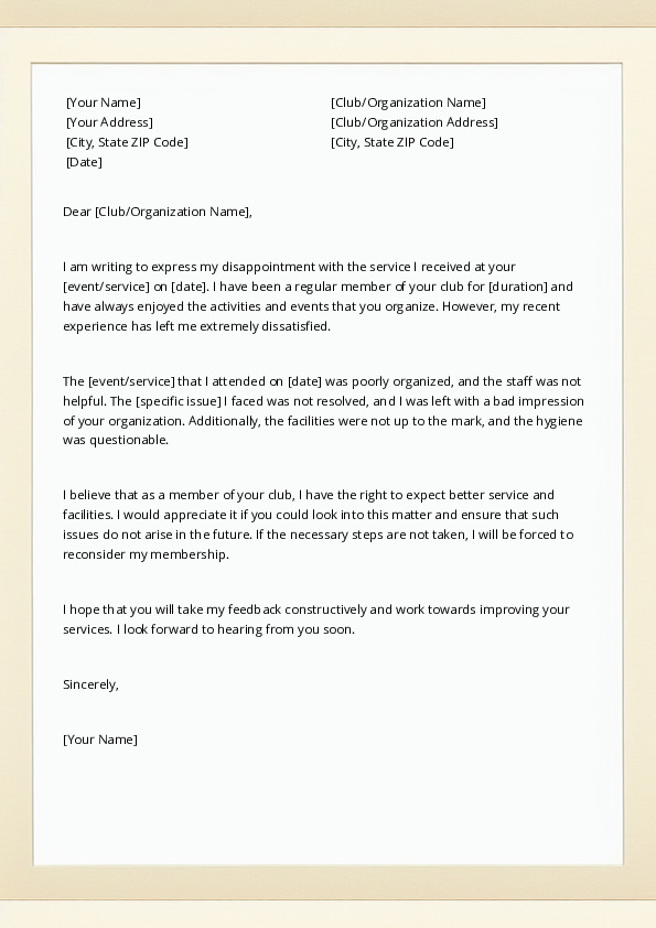 Free Word Template Complain To A Club Or Organization Letter Template