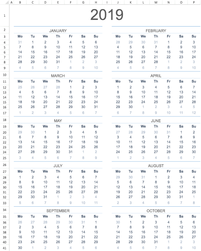 Any year calendar (Mon-Sun) Excel Template