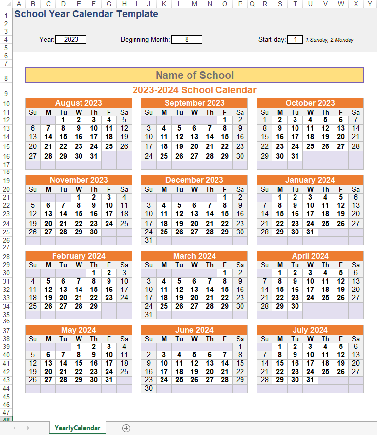 School Year Calendar Excel Template